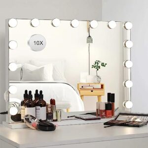 beahome makeup mirror with lights,10x magnification,large hollywood lighted vanity mirror with 15 dimmable led bulbs,3 color mode,touch control,tabletop or wall-mounted(23in), white