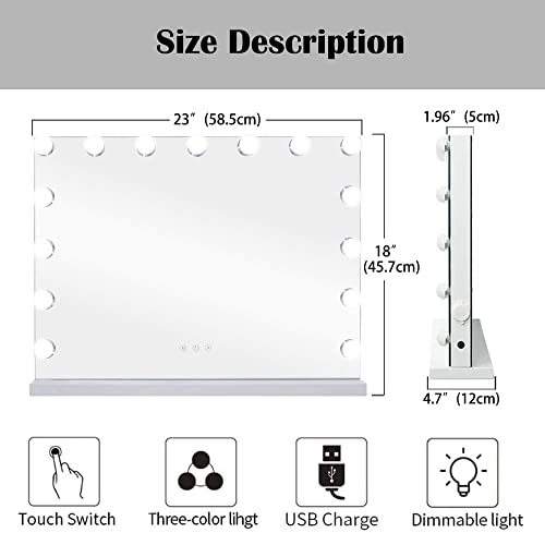 Beahome Makeup Mirror with Lights,10X Magnification,Large Hollywood Lighted Vanity Mirror with 15 Dimmable LED Bulbs,3 Color Mode,Touch Control,Tabletop or Wall-Mounted(23in), White