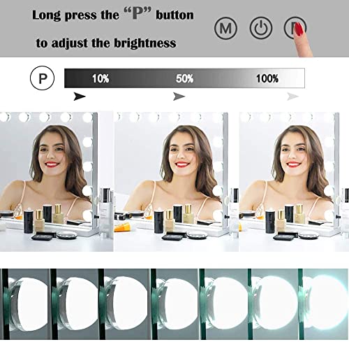 Beahome Makeup Mirror with Lights,10X Magnification,Large Hollywood Lighted Vanity Mirror with 15 Dimmable LED Bulbs,3 Color Mode,Touch Control,Tabletop or Wall-Mounted(23in), White