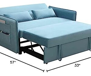 Cotoala Modern Velvet Convertible Loveseat Sleeper Sofa with Adjustable Pull Out Bed w/Arms & Two Side Pockets, Two Lumbar Pillows, 2 Seat Couch Living Room and Apartment, Blue