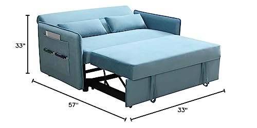 Cotoala Modern Velvet Convertible Loveseat Sleeper Sofa with Adjustable Pull Out Bed w/Arms & Two Side Pockets, Two Lumbar Pillows, 2 Seat Couch Living Room and Apartment, Blue