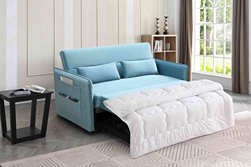 Cotoala Modern Velvet Convertible Loveseat Sleeper Sofa with Adjustable Pull Out Bed w/Arms & Two Side Pockets, Two Lumbar Pillows, 2 Seat Couch Living Room and Apartment, Blue