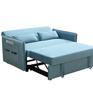 Cotoala Modern Velvet Convertible Loveseat Sleeper Sofa with Adjustable Pull Out Bed w/Arms & Two Side Pockets, Two Lumbar Pillows, 2 Seat Couch Living Room and Apartment, Blue