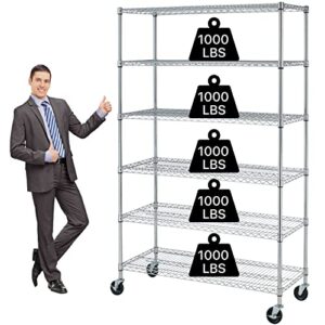 niamvelo 6000lbs capacity heavy duty shelving, 6 tier wire shelving unit on wheels, nsf certified adjustable storage shelves rack for garage pantry basement (18"x 48"x 76", black) (chrome)