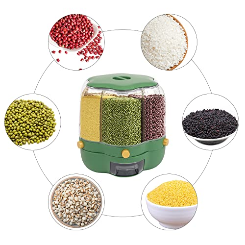 Grain Dispenser, 360° Rotating Rice Dispenser Storage Container, 6-Compartment Dry Food Dispenser, Food Storage Containers for Kitchen Small Grains, Beans, Rice