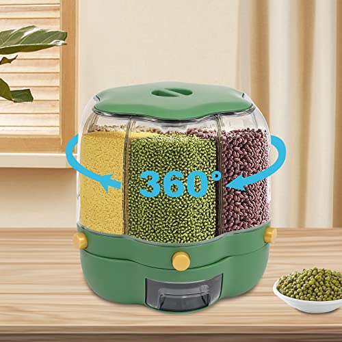 Grain Dispenser, 360° Rotating Rice Dispenser Storage Container, 6-Compartment Dry Food Dispenser, Food Storage Containers for Kitchen Small Grains, Beans, Rice