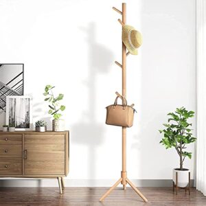 eurobird sturdy wooden coat rack freestanding - adjustable coat rack stand with 4 sections & 8 hooks, easy assembly coat tree for coats, hats, purse, entryway, hallway, bedroom, office, etc