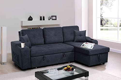 Cotoala L-Shape Sectional Sofa with Pull-Out Bed and Storage Space, Right Convertible Sleeper Couch w/Chaise Longue, 2 Cup Holders & Side Pockets, for Living Room, Apartment, 92", Dark Gray