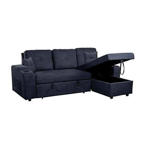 Cotoala L-Shape Sectional Sofa with Pull-Out Bed and Storage Space, Right Convertible Sleeper Couch w/Chaise Longue, 2 Cup Holders & Side Pockets, for Living Room, Apartment, 92", Dark Gray