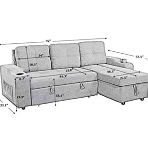 Cotoala L-Shape Sectional Sofa with Pull-Out Bed and Storage Space, Right Convertible Sleeper Couch w/Chaise Longue, 2 Cup Holders & Side Pockets, for Living Room, Apartment, 92", Dark Gray