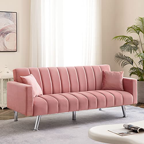 Lamerge Sofa Bed, Modern Convertible Sleeper Sofa Bed with 2 Pillows, Wooden Frame and Metal Legs, Small Folding Sofa Couch for Living Room, Bedroom, Compact Spaces - Pink