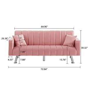 Lamerge Sofa Bed, Modern Convertible Sleeper Sofa Bed with 2 Pillows, Wooden Frame and Metal Legs, Small Folding Sofa Couch for Living Room, Bedroom, Compact Spaces - Pink