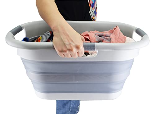 SAMMART 30L (7.9 gallon) Collapsible Plastic Laundry Basket - Foldable Pop Up Storage Container/Organizer - Portable Washing Tub - Space Saving Hamper/Basket (Grey/Dark Grey (Set of 2))