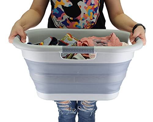 SAMMART 30L (7.9 gallon) Collapsible Plastic Laundry Basket - Foldable Pop Up Storage Container/Organizer - Portable Washing Tub - Space Saving Hamper/Basket (Grey/Dark Grey (Set of 2))