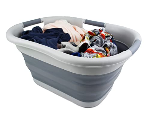 SAMMART 30L (7.9 gallon) Collapsible Plastic Laundry Basket - Foldable Pop Up Storage Container/Organizer - Portable Washing Tub - Space Saving Hamper/Basket (Grey/Dark Grey (Set of 2))