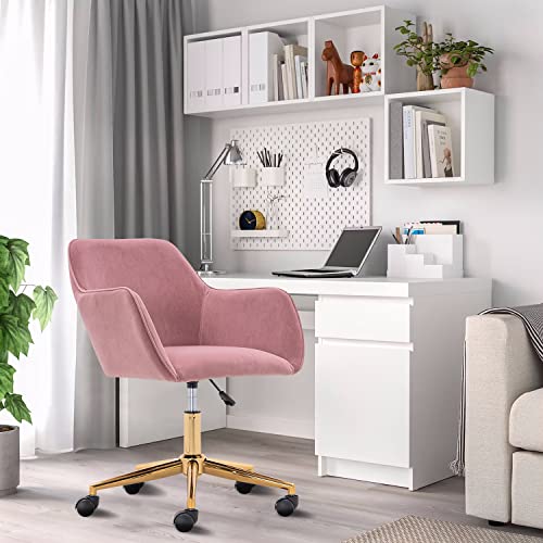 Velvet Desk Chair Height Adjustable - Modern Office Chair Vanity Chair for Makeup Room, Soft Upholstered Office Chair Accent Chairs with Wheels, Pink Velvet Chair Swivel Chairs for Living Room Bedroom