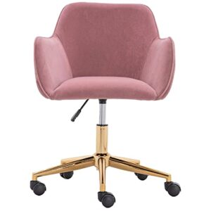 Velvet Desk Chair Height Adjustable - Modern Office Chair Vanity Chair for Makeup Room, Soft Upholstered Office Chair Accent Chairs with Wheels, Pink Velvet Chair Swivel Chairs for Living Room Bedroom