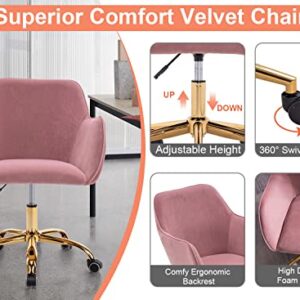 Velvet Desk Chair Height Adjustable - Modern Office Chair Vanity Chair for Makeup Room, Soft Upholstered Office Chair Accent Chairs with Wheels, Pink Velvet Chair Swivel Chairs for Living Room Bedroom