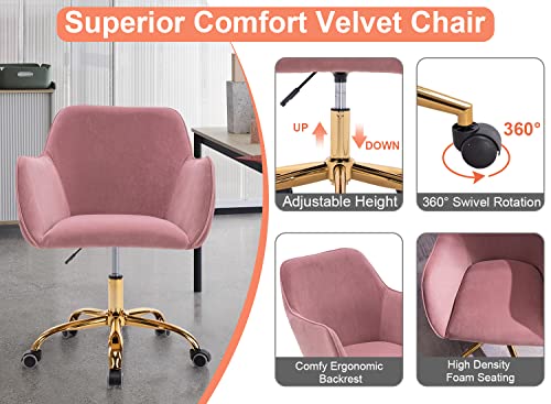 Velvet Desk Chair Height Adjustable - Modern Office Chair Vanity Chair for Makeup Room, Soft Upholstered Office Chair Accent Chairs with Wheels, Pink Velvet Chair Swivel Chairs for Living Room Bedroom