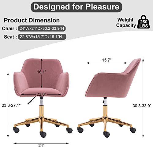 Velvet Desk Chair Height Adjustable - Modern Office Chair Vanity Chair for Makeup Room, Soft Upholstered Office Chair Accent Chairs with Wheels, Pink Velvet Chair Swivel Chairs for Living Room Bedroom