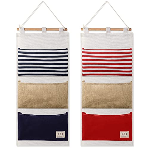 Riakrum 2 Pcs Hanging Organizer with Pockets Wall Hanging Storage Bag Linen Cotton Fabric Wall Door 3 Pockets Hanging Bag for Exchange Gifts Cabin Door Closet