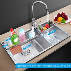 susunnus Stainless Steel Telescopic Sink Storage Rack Holder Expandable Sink Rack Caddy Sponge Holder for Kitchen Sink Hanging Sink Rack for top of Sink,Sliver