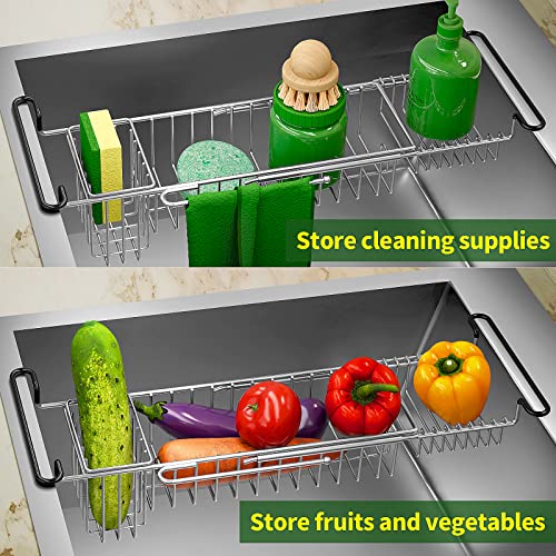 susunnus Stainless Steel Telescopic Sink Storage Rack Holder Expandable Sink Rack Caddy Sponge Holder for Kitchen Sink Hanging Sink Rack for top of Sink,Sliver