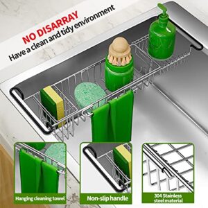 susunnus Stainless Steel Telescopic Sink Storage Rack Holder Expandable Sink Rack Caddy Sponge Holder for Kitchen Sink Hanging Sink Rack for top of Sink,Sliver