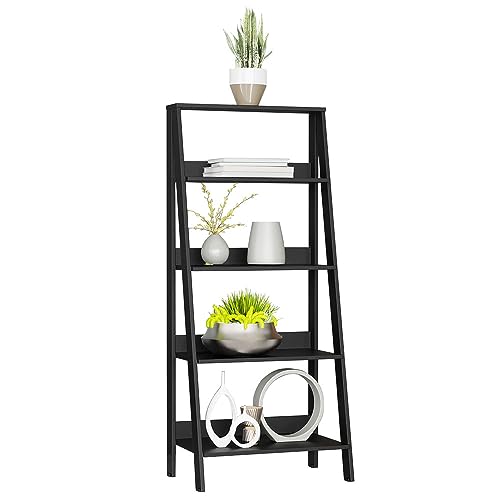 Madesa 5-Tier Ladder Shelf with Storage Space, Free Standing Bookshelf, Wood, 15" D x 24" W x 53" H - Black