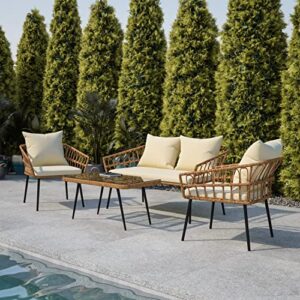 Flash Furniture Evin Boho 4 Piece Patio Conversation Set - Natural Rope Rattan - Cream All-Weather Cushions - Tempered Glass Top Coffee Table - Indoor/Outdoor