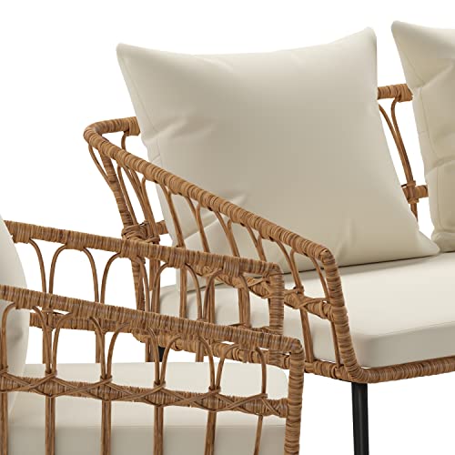 Flash Furniture Evin Boho 4 Piece Patio Conversation Set - Natural Rope Rattan - Cream All-Weather Cushions - Tempered Glass Top Coffee Table - Indoor/Outdoor