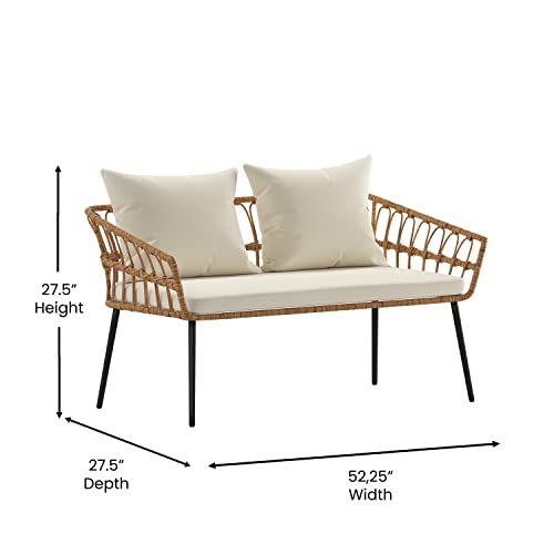 Flash Furniture Evin Boho 4 Piece Patio Conversation Set - Natural Rope Rattan - Cream All-Weather Cushions - Tempered Glass Top Coffee Table - Indoor/Outdoor