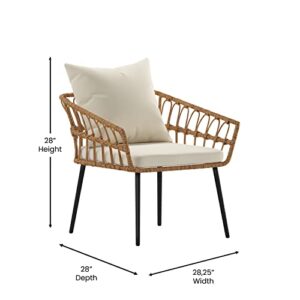 Flash Furniture Evin Boho 4 Piece Patio Conversation Set - Natural Rope Rattan - Cream All-Weather Cushions - Tempered Glass Top Coffee Table - Indoor/Outdoor