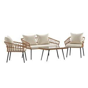 Flash Furniture Evin Boho 4 Piece Patio Conversation Set - Natural Rope Rattan - Cream All-Weather Cushions - Tempered Glass Top Coffee Table - Indoor/Outdoor