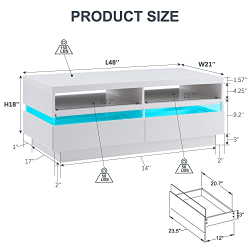 T4TREAM 48" LED Coffee Table with Storage, Modern Center Table with LED Lights & Power Strip, Coffee Table with Drawers for Living Room, Easy Assembly, Solid White