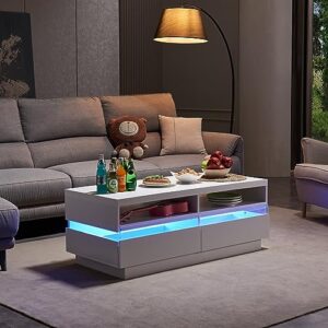 T4TREAM 48" LED Coffee Table with Storage, Modern Center Table with LED Lights & Power Strip, Coffee Table with Drawers for Living Room, Easy Assembly, Solid White