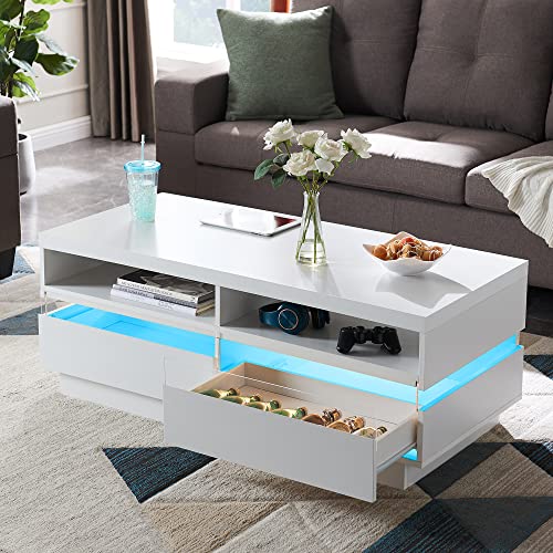 T4TREAM 48" LED Coffee Table with Storage, Modern Center Table with LED Lights & Power Strip, Coffee Table with Drawers for Living Room, Easy Assembly, Solid White