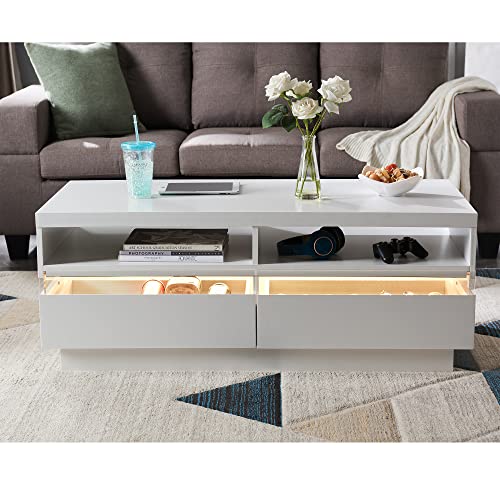 T4TREAM 48" LED Coffee Table with Storage, Modern Center Table with LED Lights & Power Strip, Coffee Table with Drawers for Living Room, Easy Assembly, Solid White