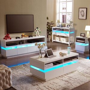 T4TREAM 48" LED Coffee Table with Storage, Modern Center Table with LED Lights & Power Strip, Coffee Table with Drawers for Living Room, Easy Assembly, Solid White