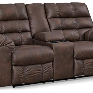 Signature Design by Ashley Derwin Urban Faux Leather Tufted Double Reclining Loveseat with Console, Dark Brown