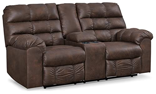 Signature Design by Ashley Derwin Urban Faux Leather Tufted Double Reclining Loveseat with Console, Dark Brown