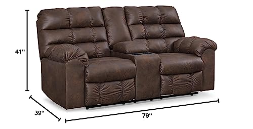 Signature Design by Ashley Derwin Urban Faux Leather Tufted Double Reclining Loveseat with Console, Dark Brown