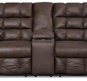 Signature Design by Ashley Derwin Urban Faux Leather Tufted Double Reclining Loveseat with Console, Dark Brown