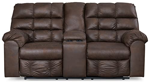 Signature Design by Ashley Derwin Urban Faux Leather Tufted Double Reclining Loveseat with Console, Dark Brown