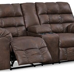 Signature Design by Ashley Derwin Urban Faux Leather Tufted Double Reclining Loveseat with Console, Dark Brown