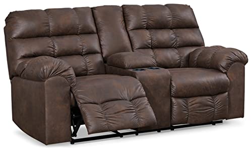 Signature Design by Ashley Derwin Urban Faux Leather Tufted Double Reclining Loveseat with Console, Dark Brown