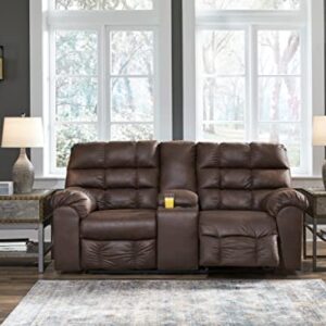 Signature Design by Ashley Derwin Urban Faux Leather Tufted Double Reclining Loveseat with Console, Dark Brown