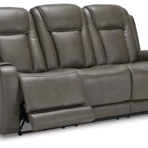 Signature Design by Ashley Card Player Contemporary Faux Leather Tufted Power Reclining Sofa with Adjustable Headrest, Gray