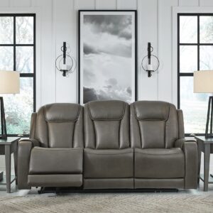 Signature Design by Ashley Card Player Contemporary Faux Leather Tufted Power Reclining Sofa with Adjustable Headrest, Gray