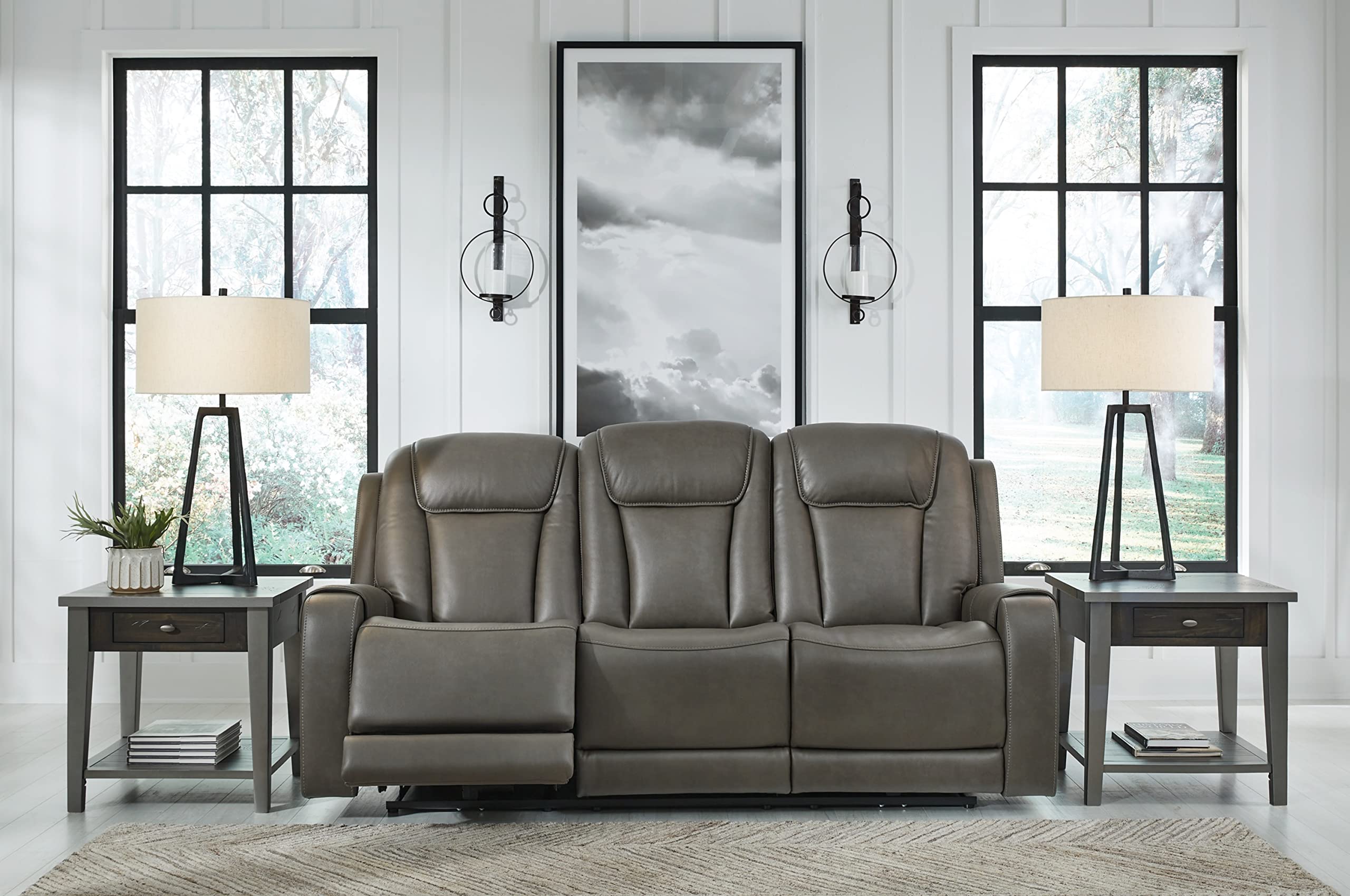 Signature Design by Ashley Card Player Contemporary Faux Leather Tufted Power Reclining Sofa with Adjustable Headrest, Gray